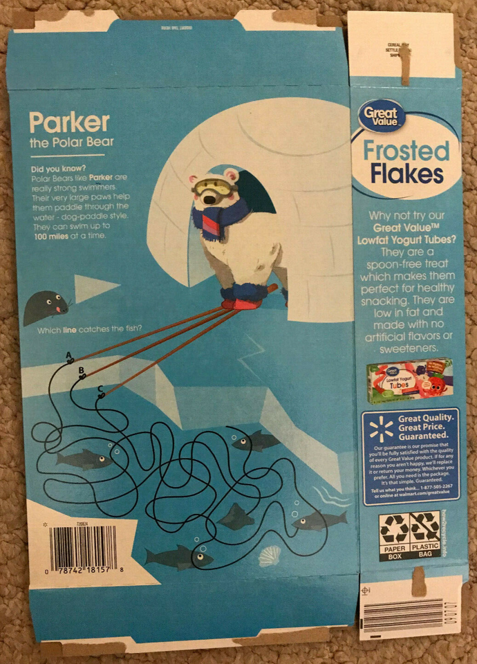 EMPTY Walmart Great Value Frosted Flakes Cereal Box Parker Polar Bear ...