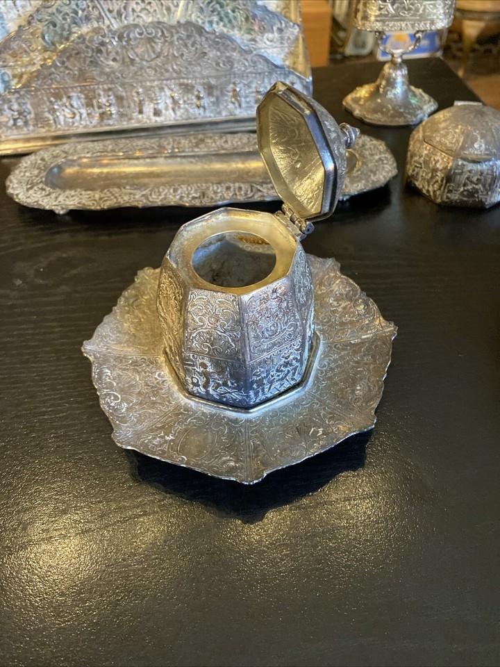 Antique Silver Plated Writing Desk Set, Letter Holder Pen Tray Inkwell ...