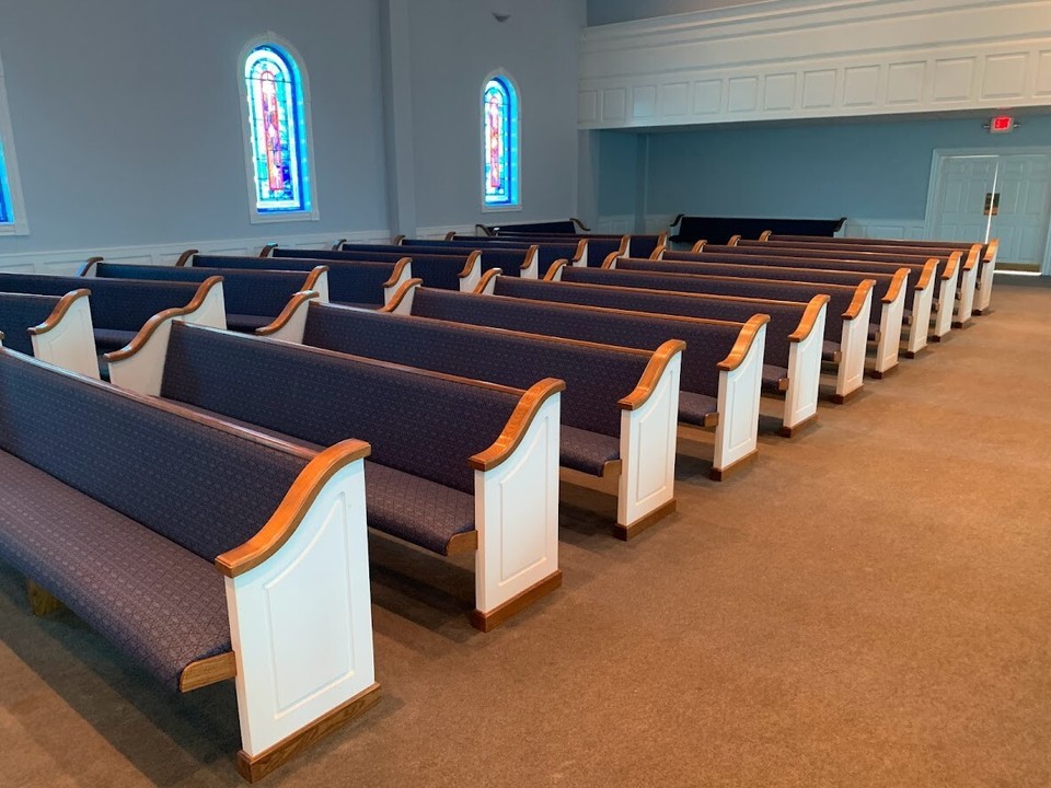 Church pews slightly used 48 in all, blue with white ends | eBay