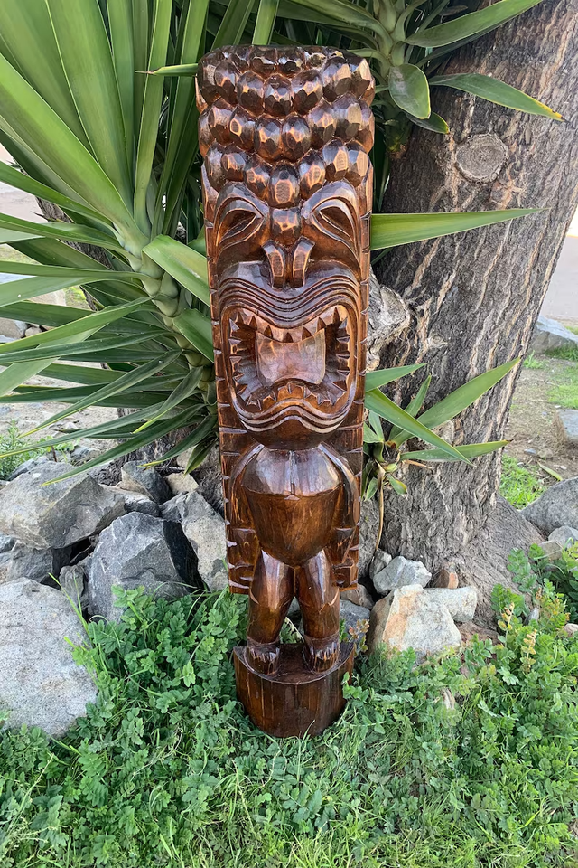 Ku Hawaiian Tiki God Wood Carving Statue Bar Patio Decor 39"x 7.5" | eBay