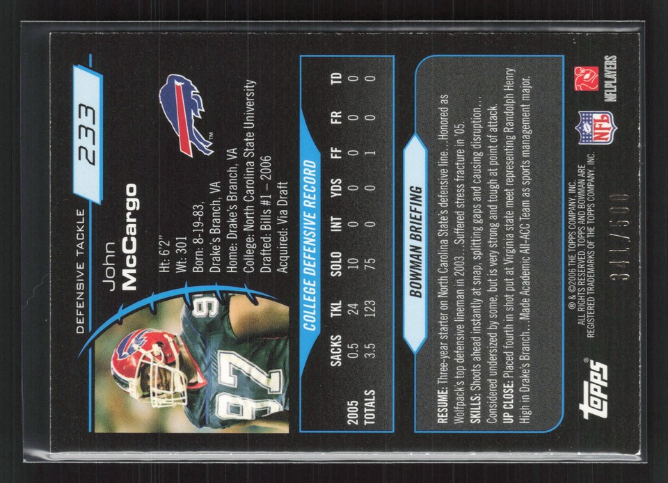 John McCargo 2006 Bowman Rookie #233 Blue Parallel /500 {0620 | eBay