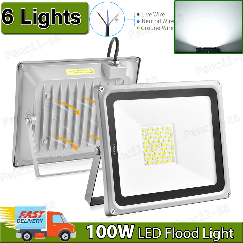 6X 100W LED Flood Light Outdoor Garden Lamp Yard Security Landscape ...