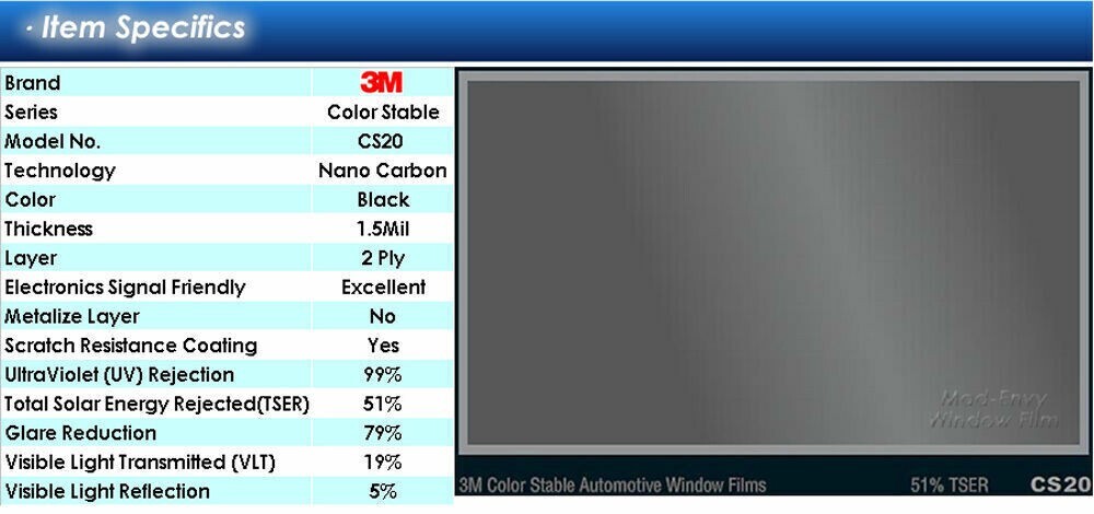 3M Color Stable CS20 2% VLT Automotive Car Window Tint Film Roll Size ...