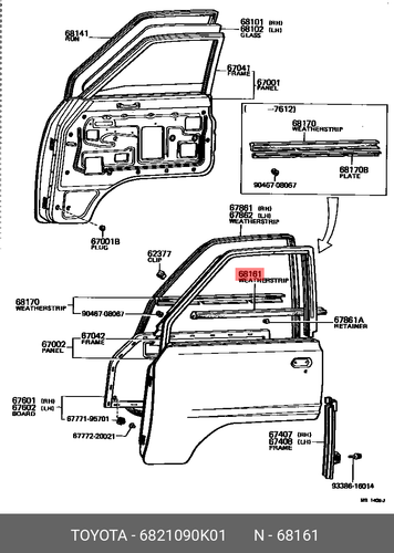 Genuine OE weatherstrip, front door glass, outer, 6821090K01 for TOYOTA ...