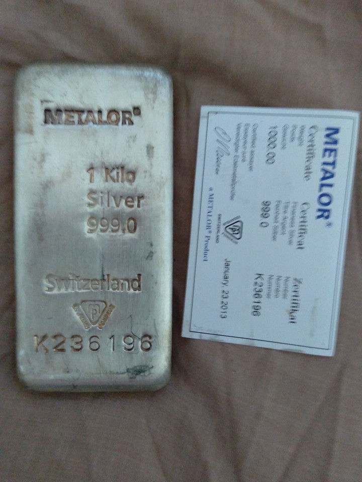 Metalor 1kg Kilo Silver Bar 999 Fine Silver Bullion with certificate ...