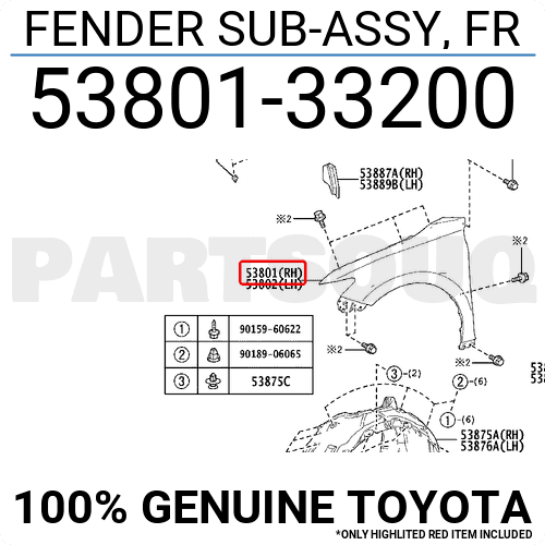 5380133200 Genuine Toyota FENDER SUB-ASSY, FR 53801-33200 | eBay