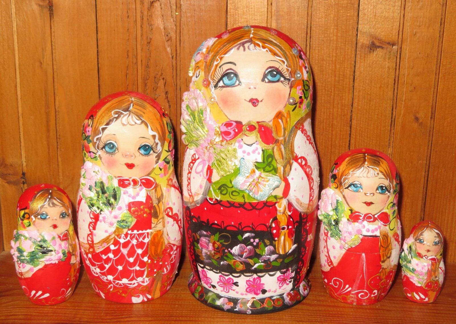 RED Pyrography Matryoshka Flowers MATT Nesting dolls HAND PAINTED 5 ...