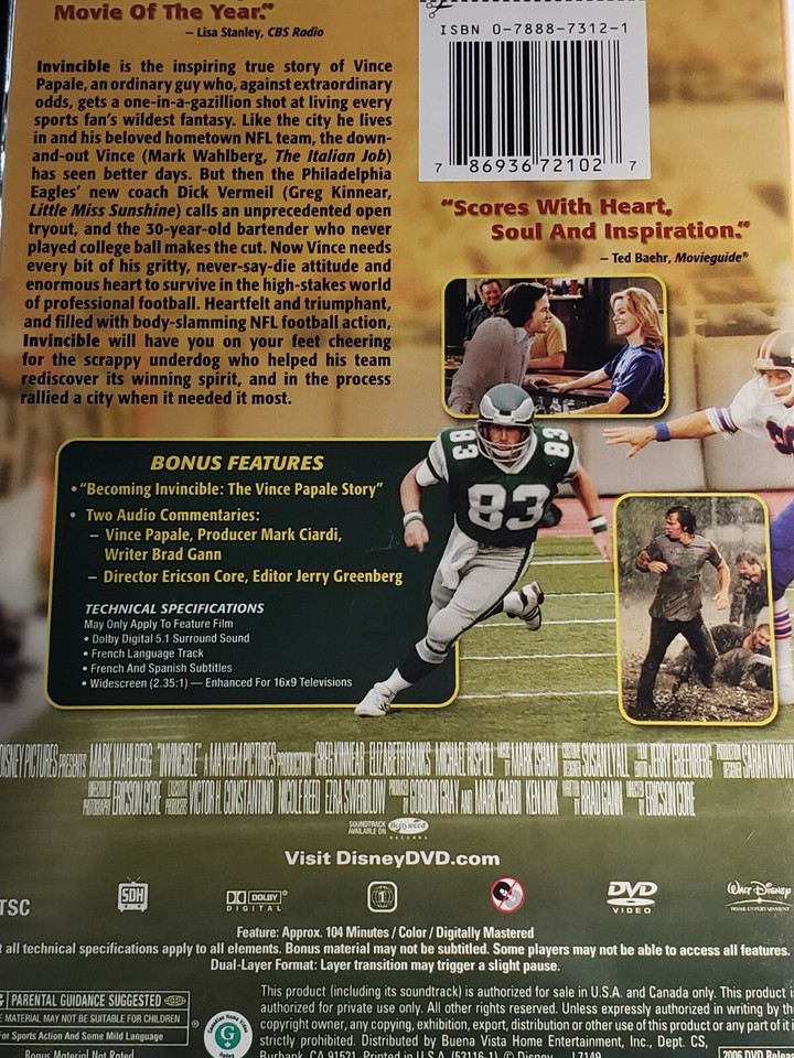 Invincible DVD 2006 Widescreen Mark Wahlberg Greg Kinnear Elizabeth ...