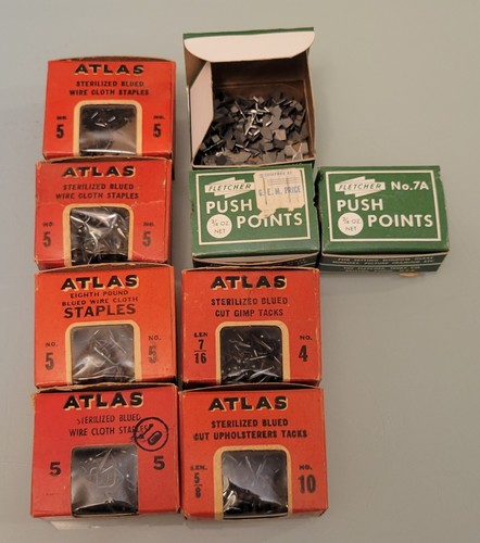 VINTAGE NOS BOXES #5 #10 #4 BLUED WIRE CLOTH / UPHOLSTERY TACKS PUSH ...