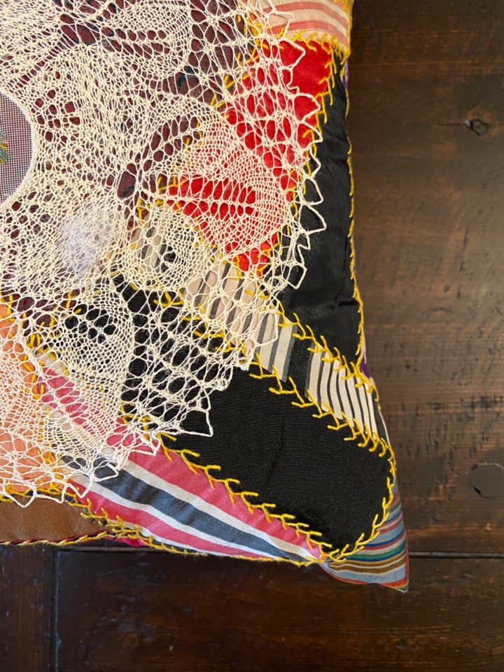 Crazy Quilt Pillow With Vintage Doily and Tiny Needlepoint Square 10.5” x 10.5” | eBay