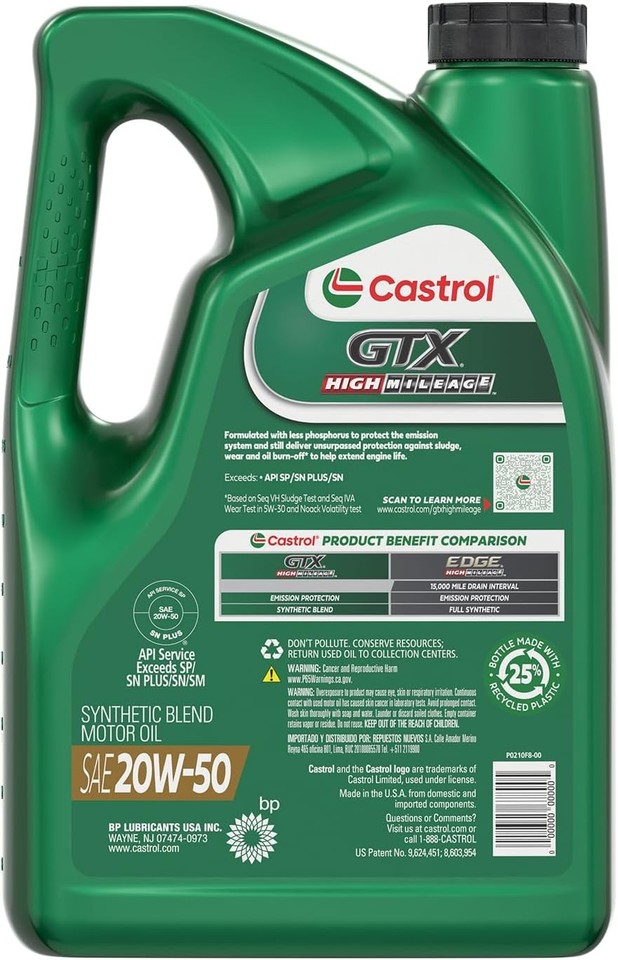 Castrol GTX High Mileage 20W-50 Synthetic Blend Motor Oil, 5 Quarts 5 ...