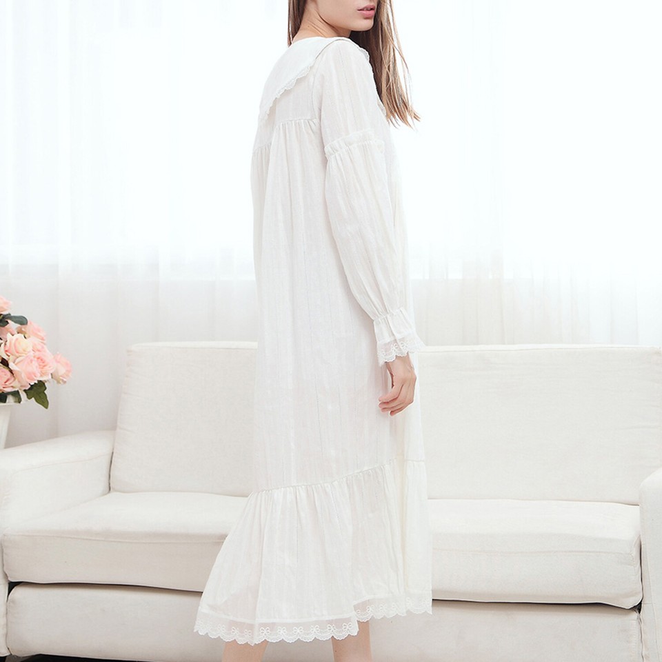 Women's Cotton Victorian Nightgown Long Sleeve Vintage Soft Ruffle ...