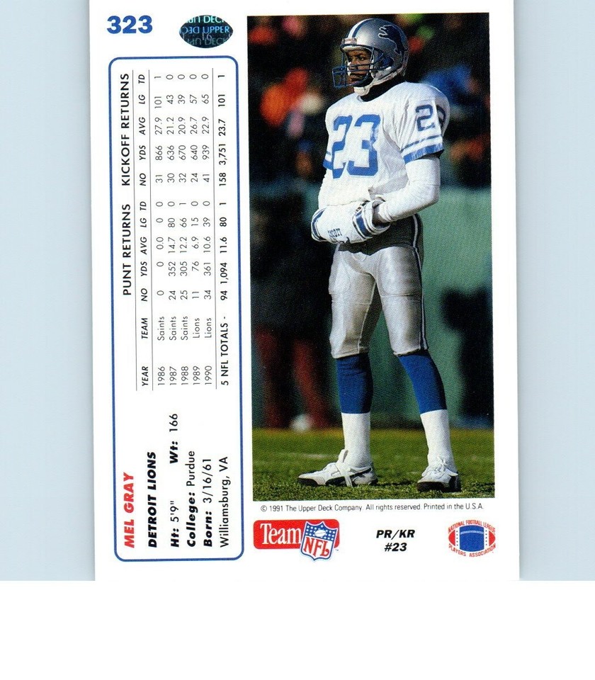 Mel Gray 323 Lions 1991 Upper Deck NFL Football Trading Card | eBay