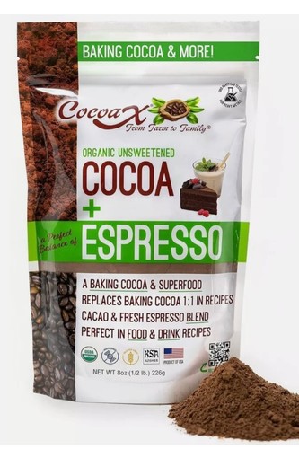 CocoaX Organic Unsweetened Cocoa + Espresso Powder 8oz Baking/Smoothies ...