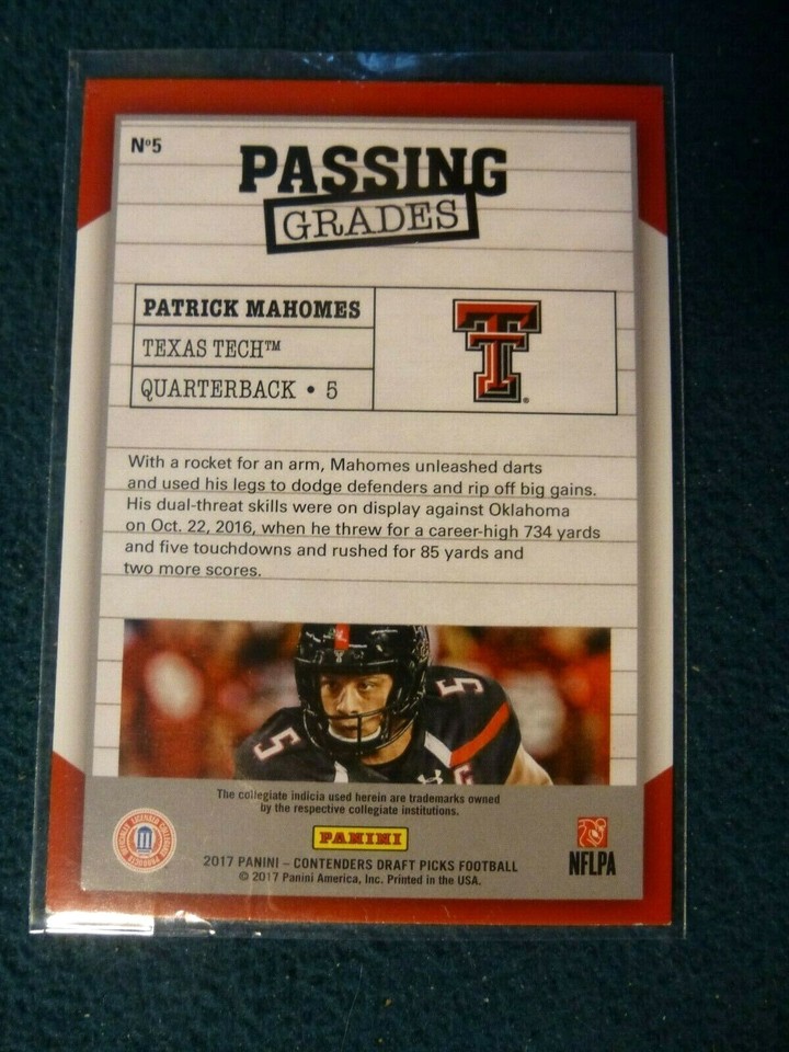 PANINI CONTENDERS PATRICK MAHOMES 2017 DRAFT PICKS ROOKIE CARD PASSING ...