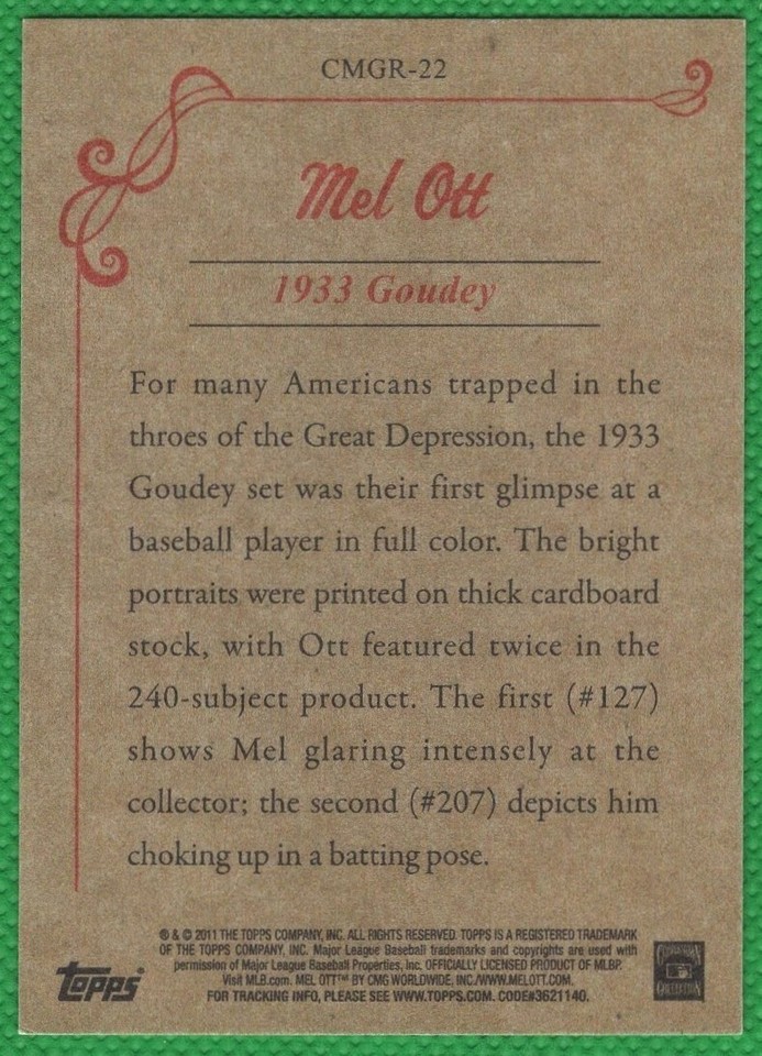 Melvin Ott - 2011 Topps CMG Reprints #CMGR22 - New York Giants Baseball ...