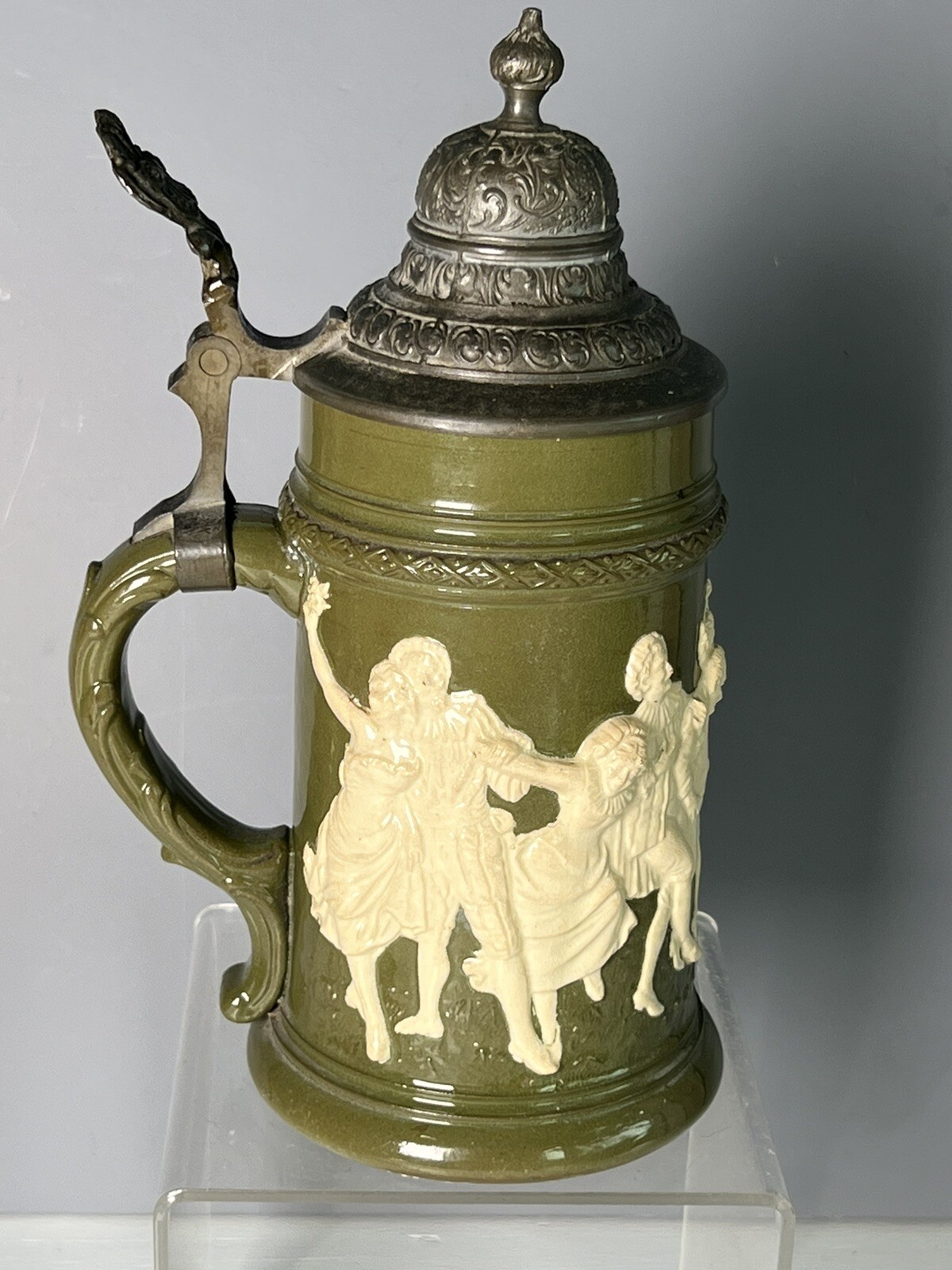 Antique German Cameo Beer Stein .5 L Green & Cream High Glaze Dancing ...