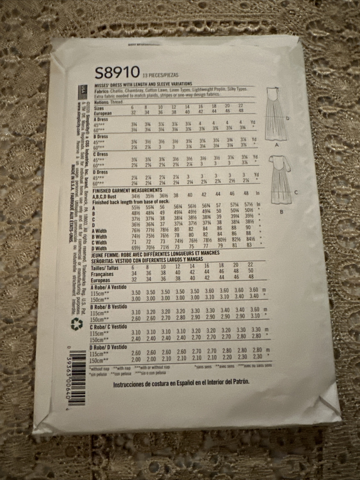 Dress w/ Sleeve and Length Variation size 6-14 Simplicity 8910 Sewing ...