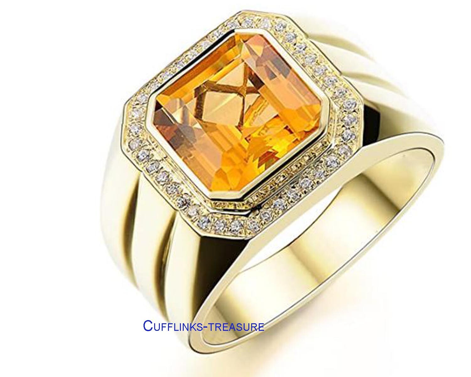 Natural Citrine & CZ Gemstones 925 Sterling Silver Gold Plated Men's ...