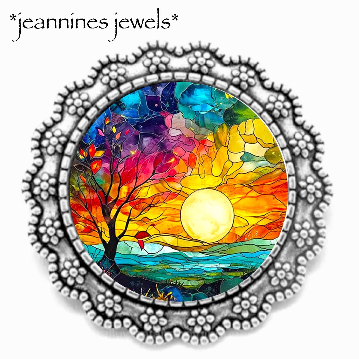 Spring Equinox Brooch Faux Stained Glass Art Print Silver Lapel Pin ...