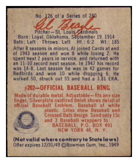 1949 BOWMAN #126 AL BRAZLE CARDINALS EX-MT SCRIPT SET BREAK 487511 ...