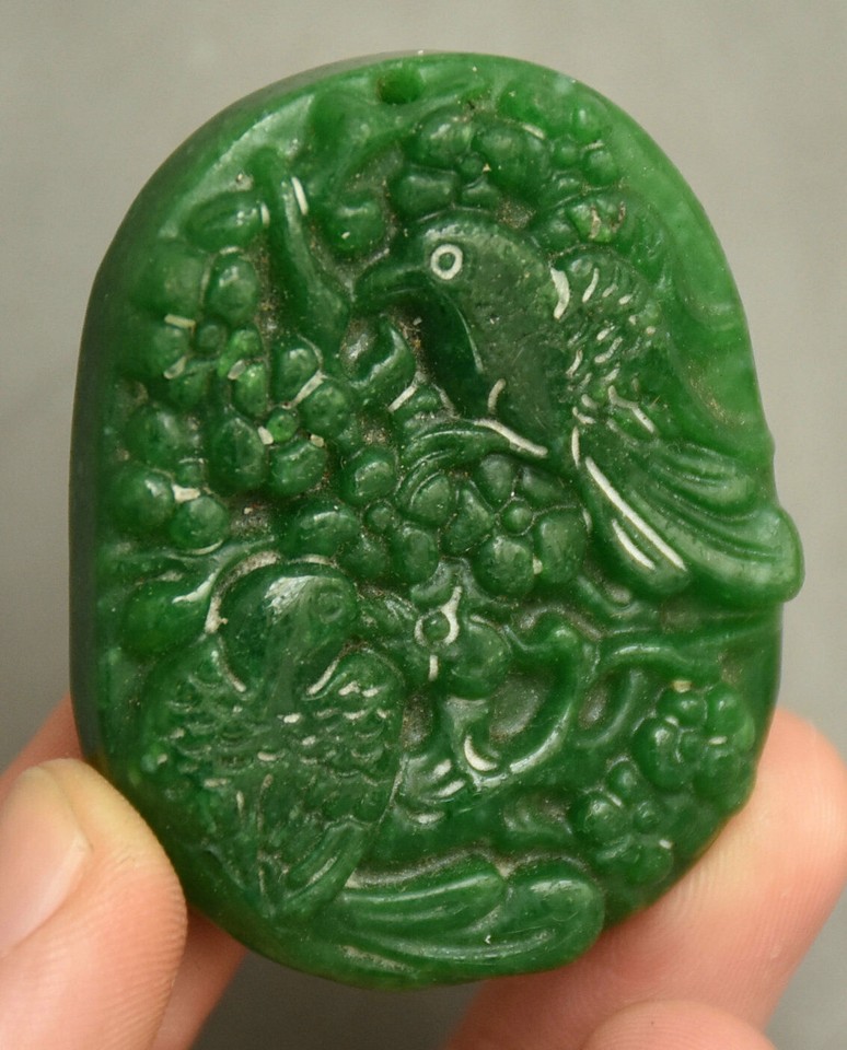 Unique China Green Jade Hand Carving Flower Bird Pattern Exorcism ...