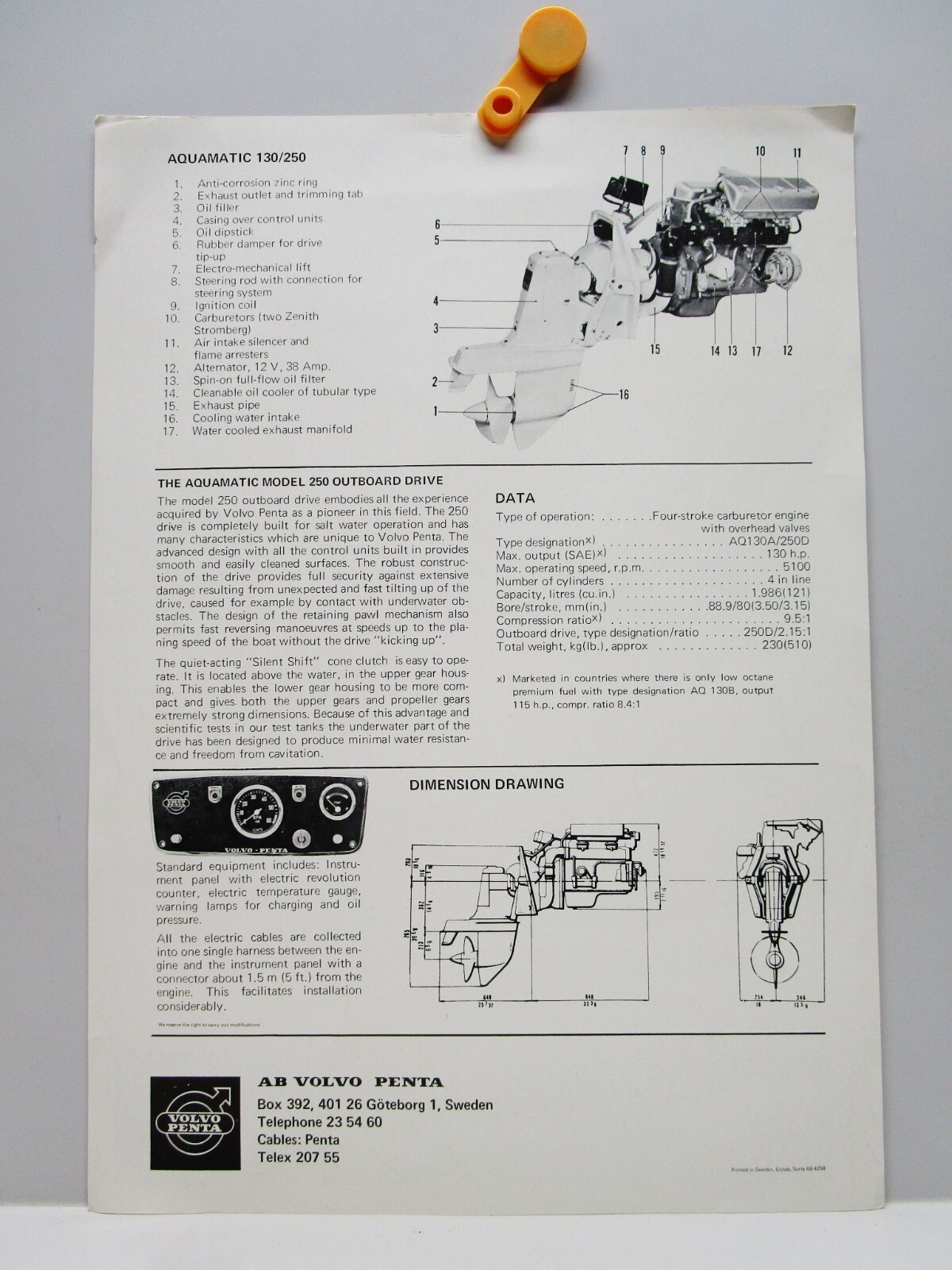 Vintage - VOLVO PENTA - AQUAMATIC 130/250 Four Cylinder Marine Engine ...