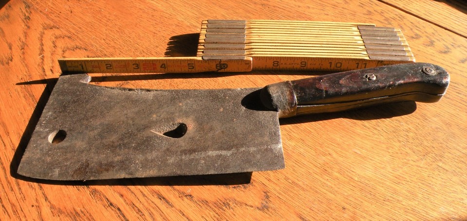 Primitive ANTIQUE MEAT CLEAVER Cast Iron Blade Wood Handle 13.5 ...