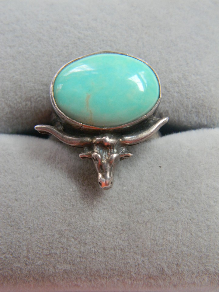 Unique Designer Texas Longhorn 925 Sterling Silver Oval Turquoise Ring ...