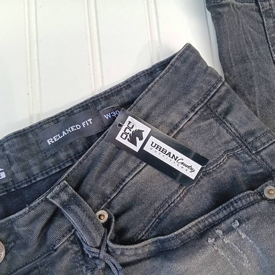 Mens Jeans 32 x 32 Black Denim Button Fly Relaxed Fit Distressed NWT ...