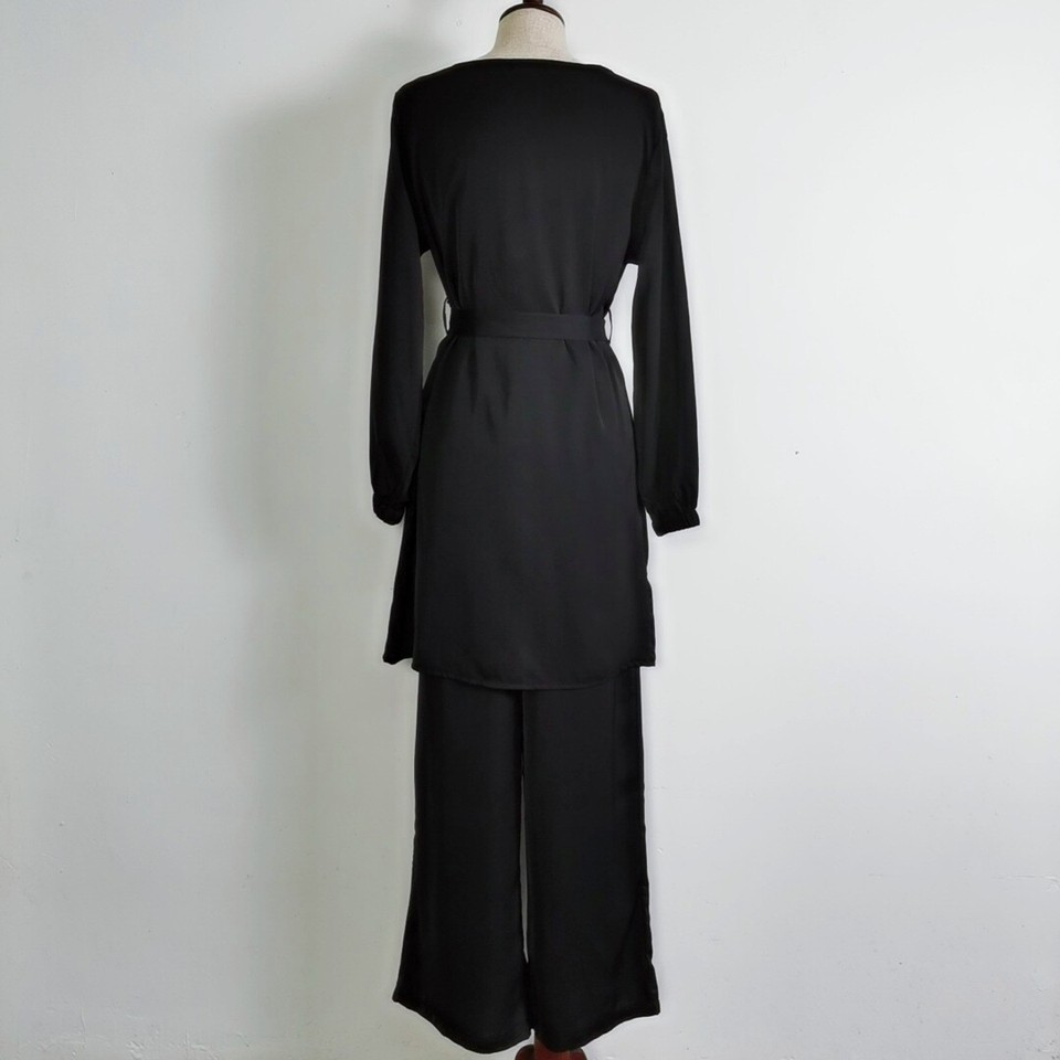 Muslim Blouse Pants Set Women Long Sleeve Wide Leg Robe Abaya Islam ...