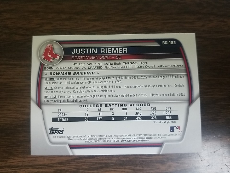 JUSTIN RIEMER 2023 BOWMAN DRAFT CARD #BD-182 RED SOX (FIRST PROSPECT ...