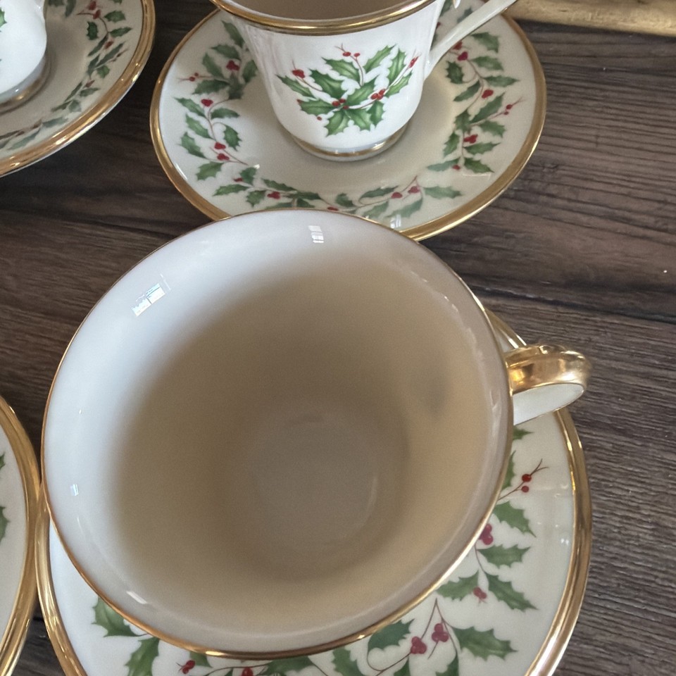 Lenox Holiday Dimension Holly Cups Saucers Set of 5 USA | eBay