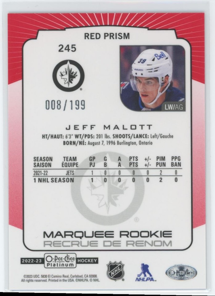 2022-23 UD O-Pee-Chee Platinum Jeff Malott 245 Marquee Rookies Red ...
