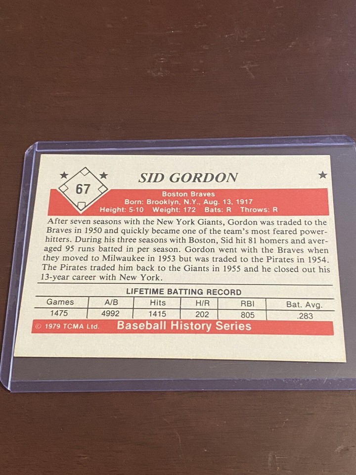 Sid Gordon #67 Boston Braves | eBay
