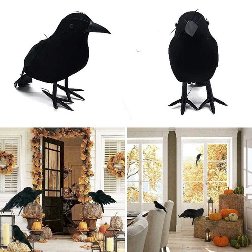 2x Halloween Crow Prop Black Realistic Raven Feathered Spooky Party ...