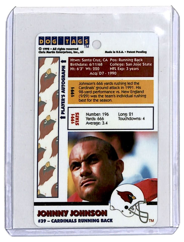 1992 Dog Tags Johnny Johnson Phoenix Cardinals #65. | eBay