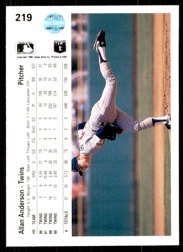 1990 Upper Deck Allan Anderson Baseball Cards #219 | eBay