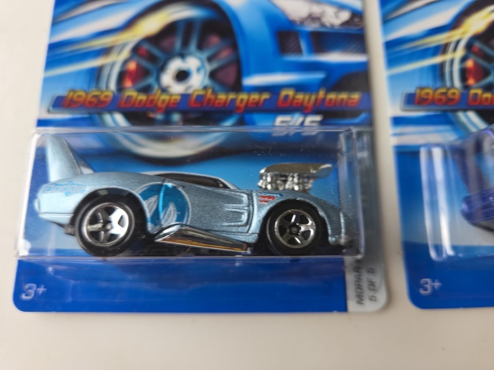 2 New 1969 Daytona Charger Hot Wheels 065 Car 5 Spoke Ice & Dark Blue ...