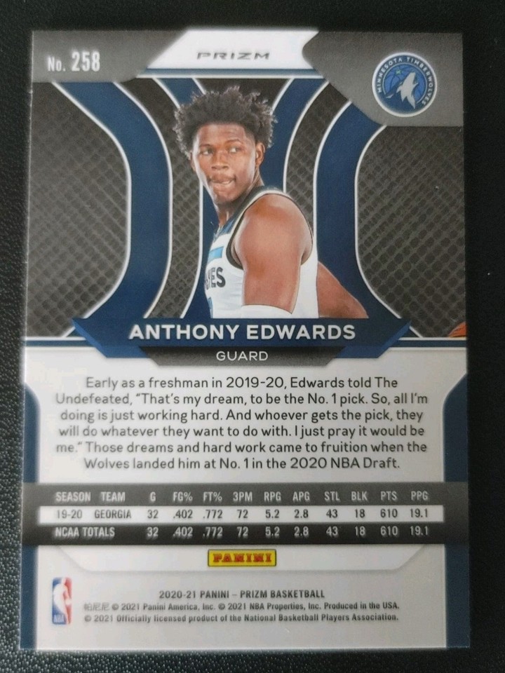 2020-21 Panini Prizm Anthony Edwards Silver Prizm Rookie RC ...