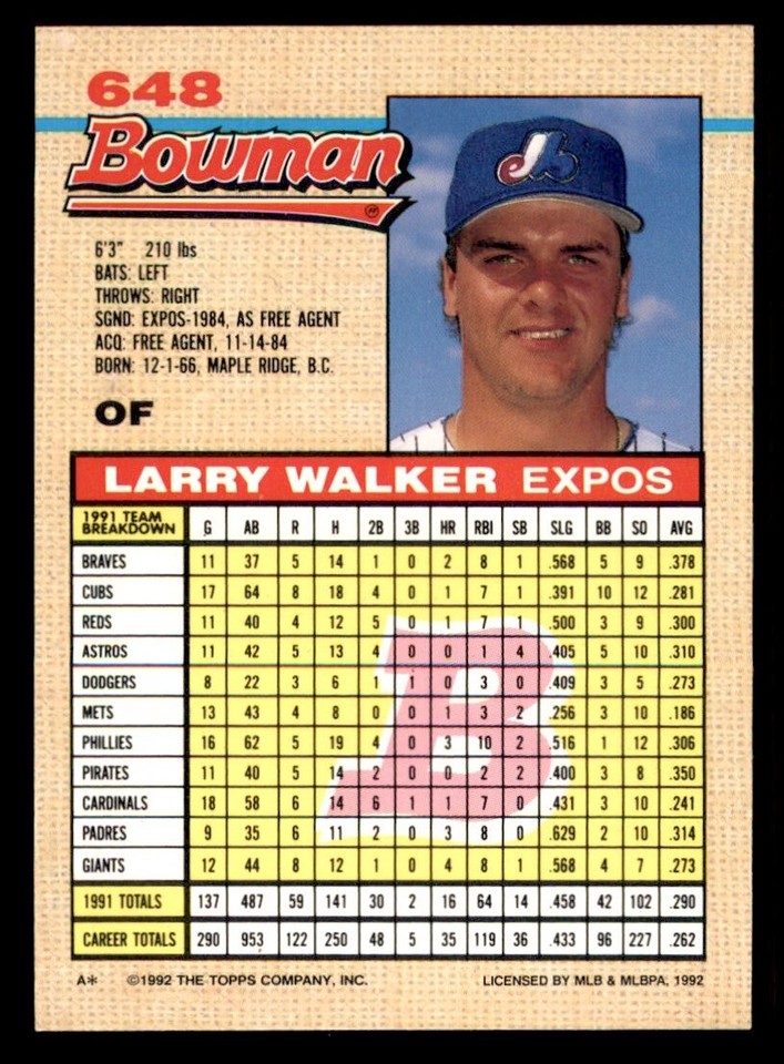 1992 Bowman #648 Larry Walker | eBay