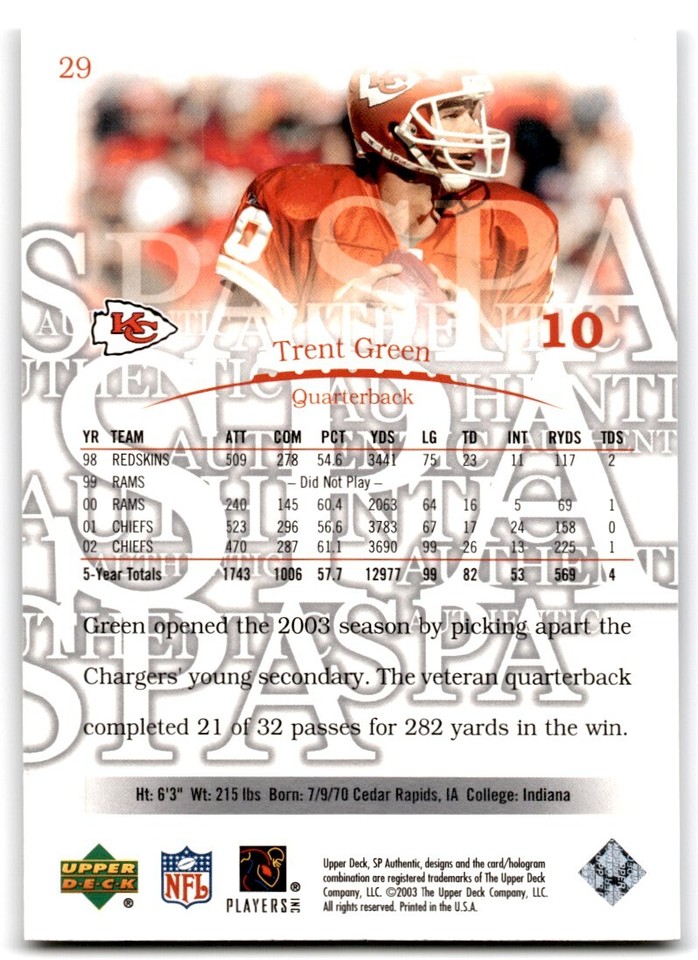 2003 Upper Deck SP Authentic Trent Green Kansas City Chiefs #29 | eBay