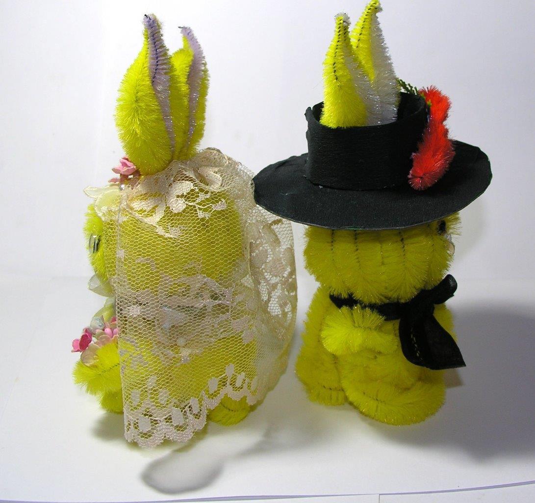 VTG 1970'S PAIR CHENILLE BUNNY BRIDE N GROOM FOLK ART 7" EASTER ...