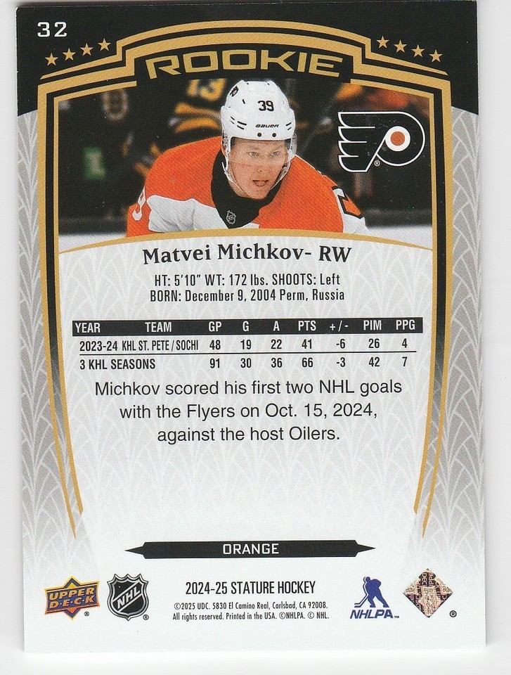 HOCKEY NHL 24/25 STATURE ORANGE MATVEI MICHKOV ROOKIE 061/199 FLYERS ...