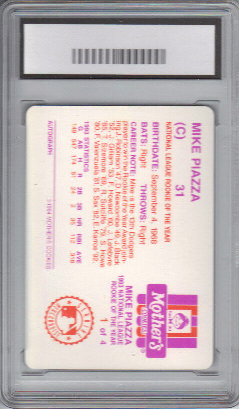 1994 MOTHER'S COOKIES MIKE PIAZZA R.O.Y. CARD GMA GRADED 10 | eBay