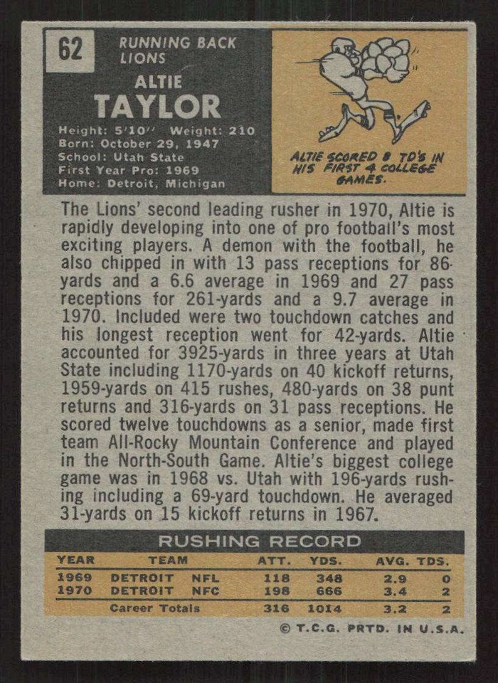 Altie Taylor 1971 Topps #62 Lions EX b {0421 | eBay