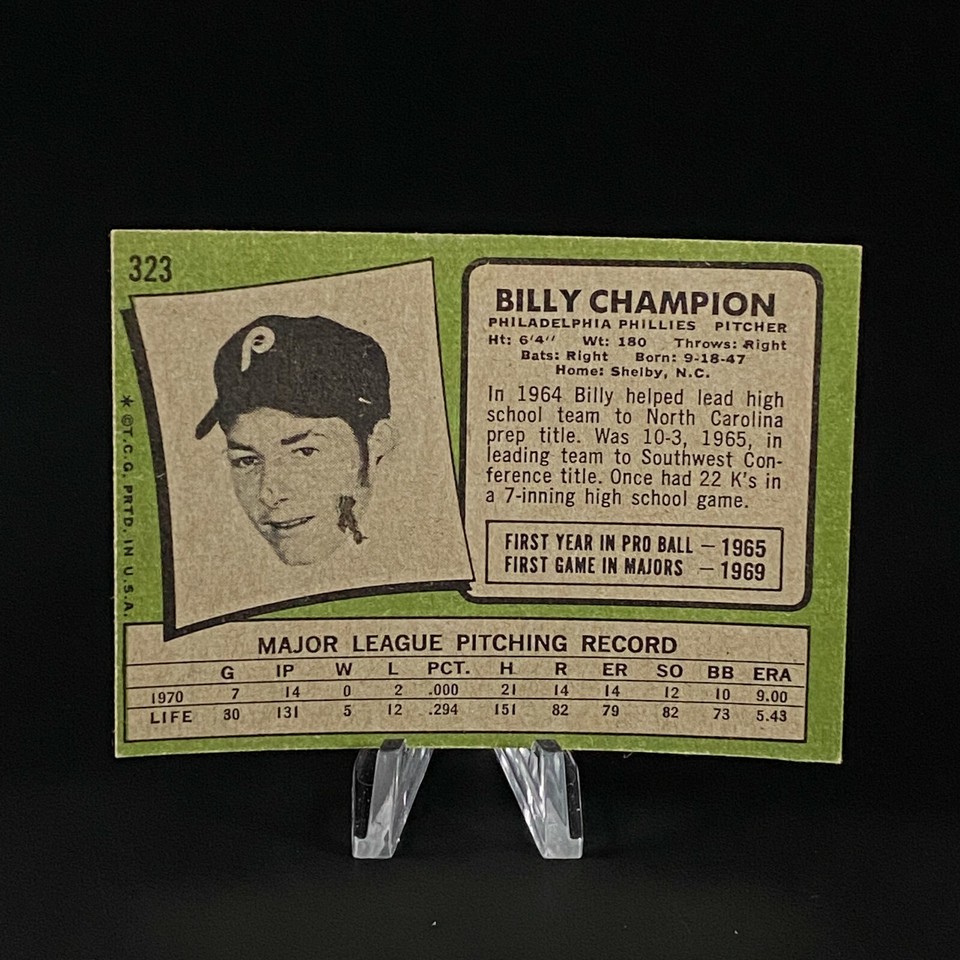 BILLY CHAMPION 1971 TOPPS BASEBALL SET BREAK #323 PHILIES EX+ - Iconic ...