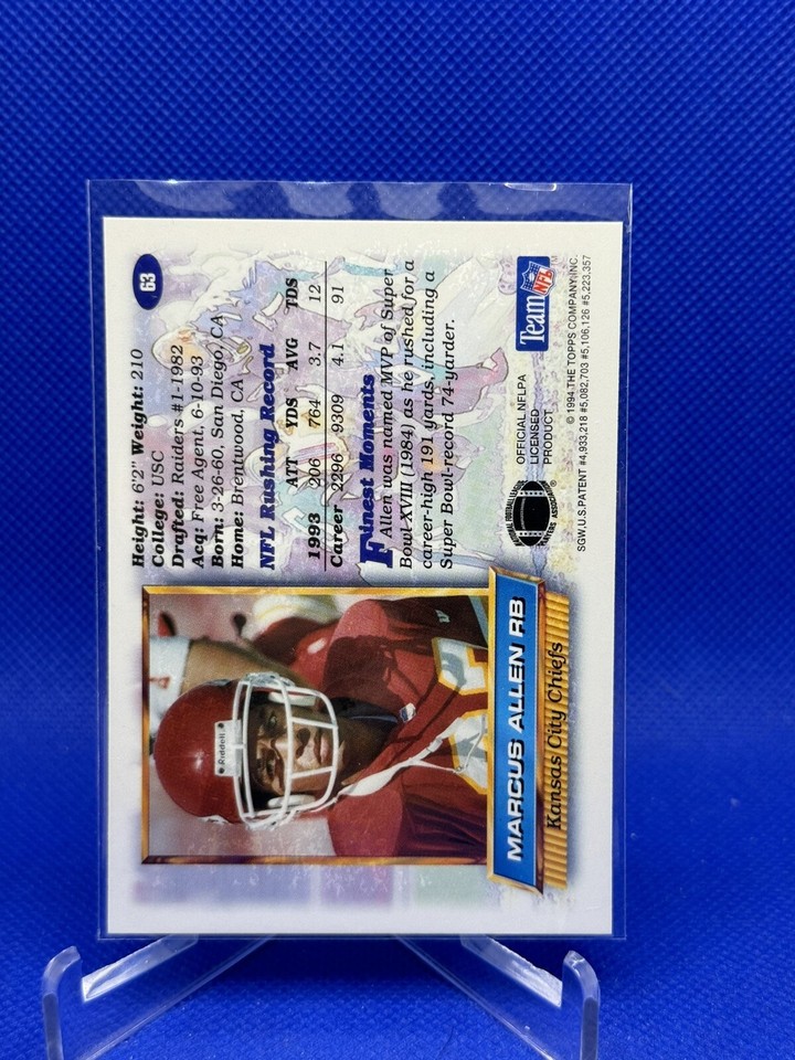 1994 Topps Finest Marcus Allen Near Mint or Better Kansas City Chiefs ...