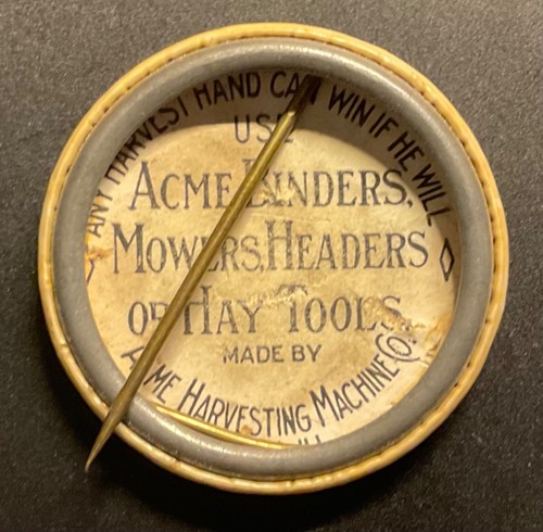 PINBACK BUTTON PIN BADGE ACME HARVESTING MACHINE PEORIA ILLINOIS FARM ...