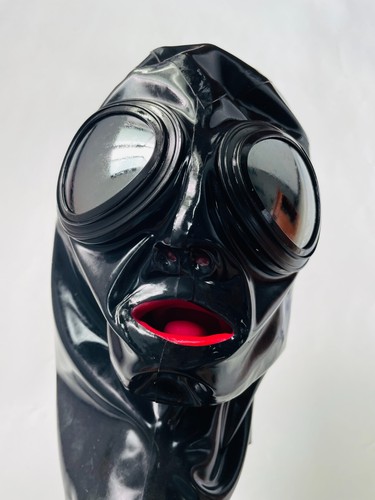 BLACK LATEX GUMMI MASK WITH EYE GLASS 15CM LONG NOSE TUBE RED TEETH ...